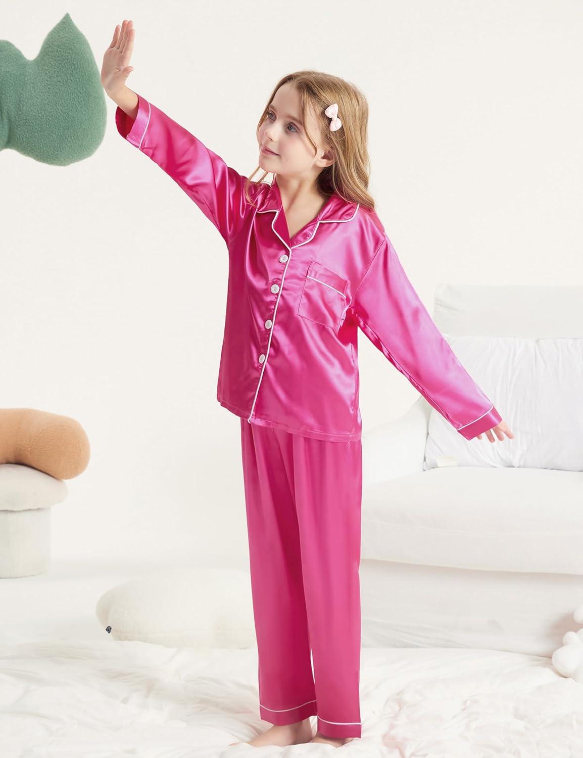DIPUG Girls Pajamas Satin Long Sleeve Sleepwear Set Silky Feel Pjs for ...