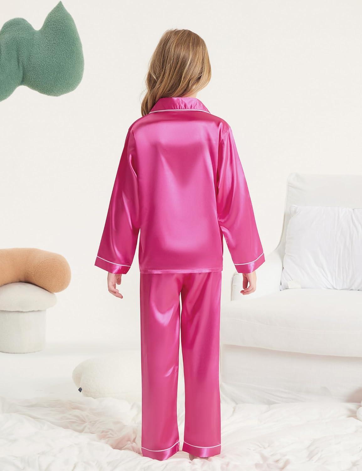 DIPUG Girls Pajamas Satin Long Sleeve Sleepwear Set Silky Feel Pjs for ...