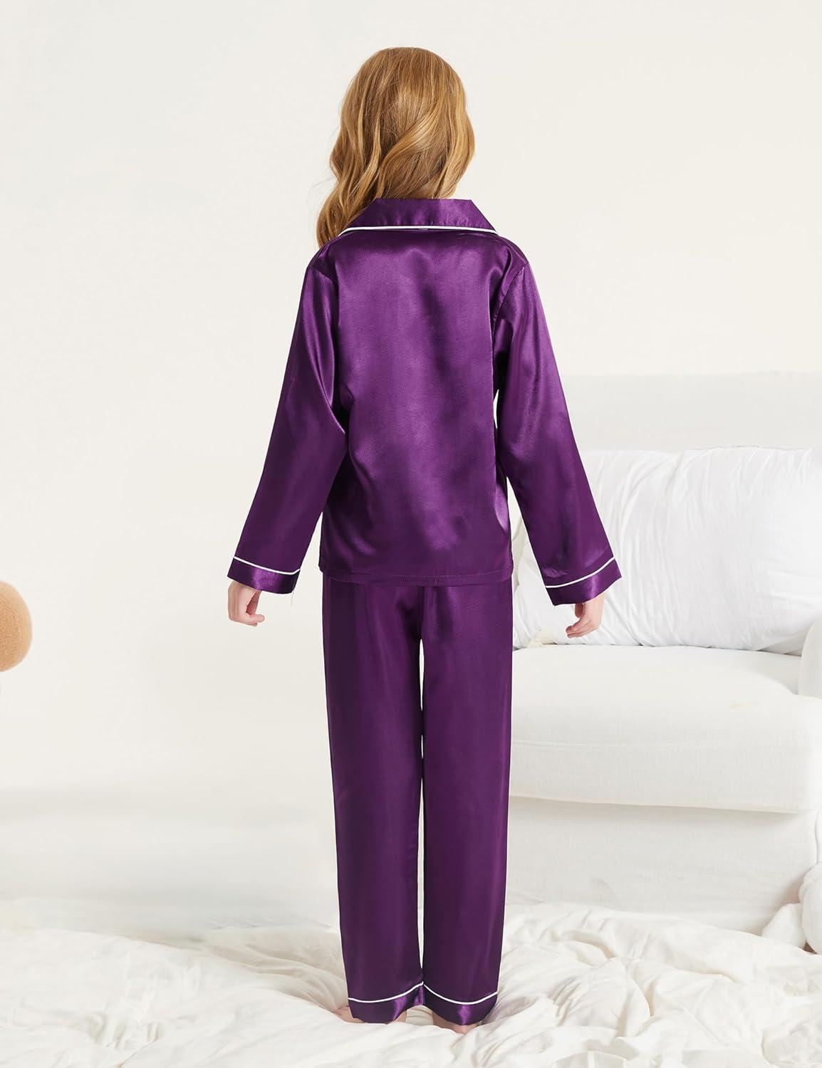 DIPUG Girls Pajamas Satin Long Sleeve Sleepwear Set Silky Feel Pjs for ...