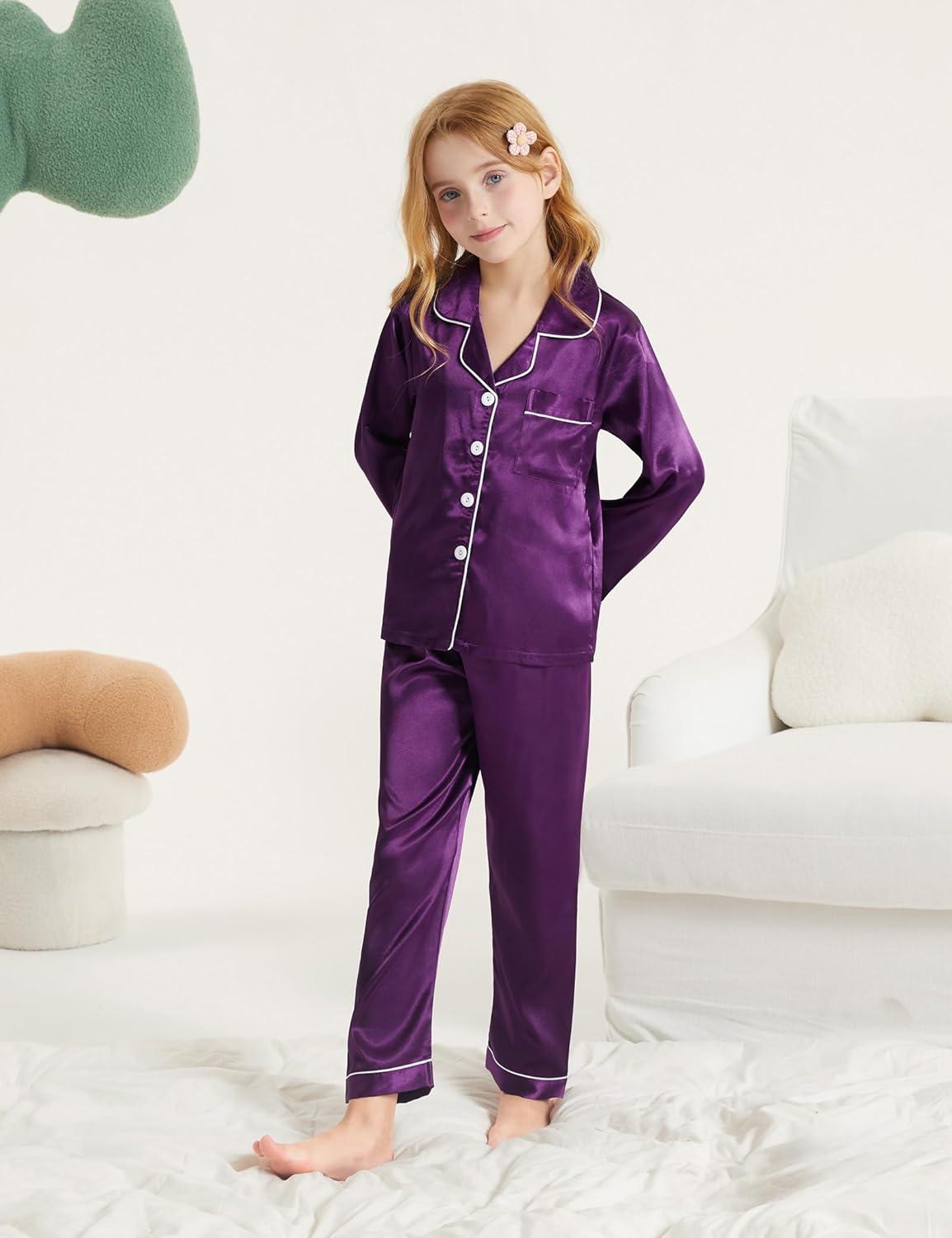DIPUG Girls Pajamas Satin Long Sleeve Sleepwear Set Silky Feel Pjs for ...