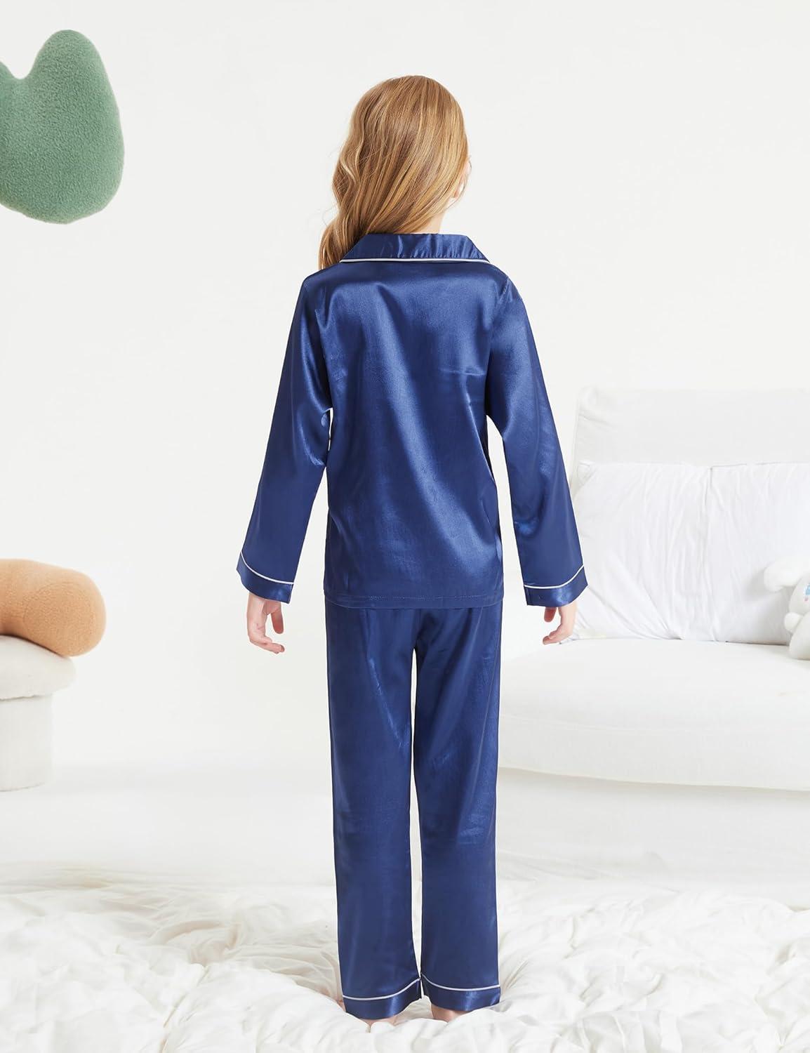 DIPUG Girls Pajamas Satin Long Sleeve Sleepwear Set Silky Feel Pjs for ...