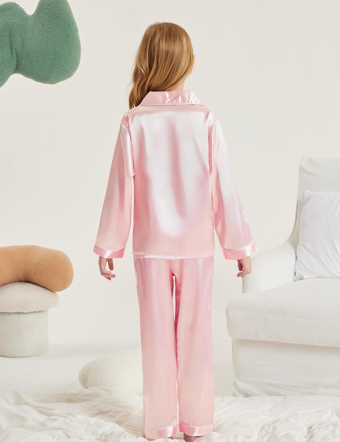 DIPUG Girls Pajamas Satin Long Sleeve Sleepwear Set Silky Feel Pjs for ...